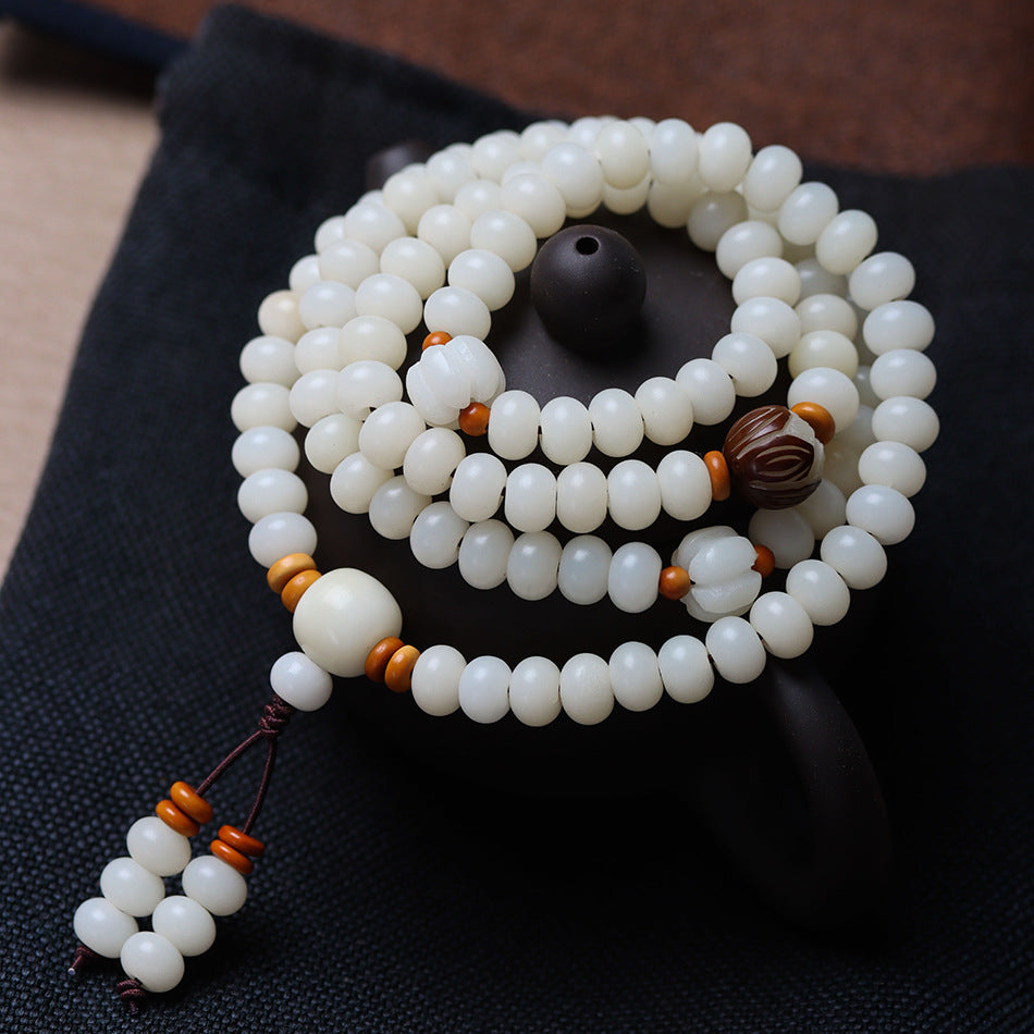 White Jade Bodhi 108 Mala Beads Bracelet with Hand-Carved Lotus Beads ...