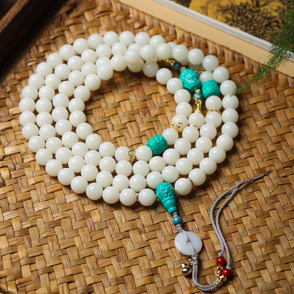 High-Polish White Jade Bodhi 108 Mala Beads Necklace with Turquoise-Lo ...