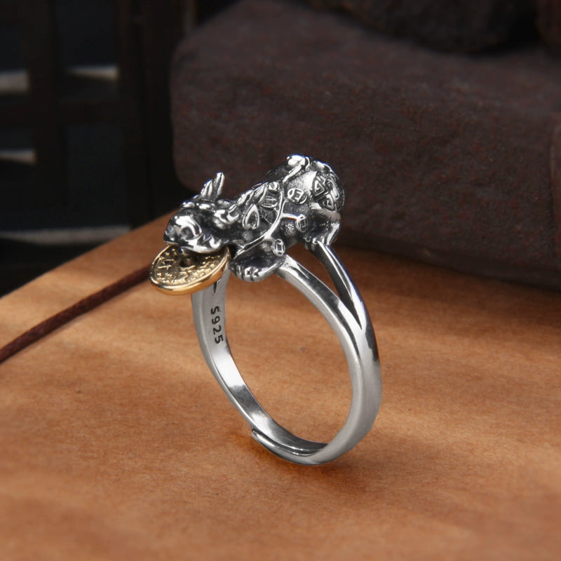 Vintage Lucky Bite Coin Pixiu Ring S925 Silver, Men's Lucky Ring, Open ...