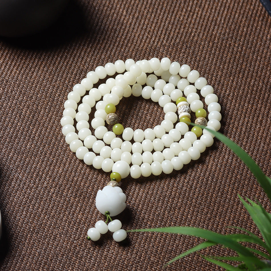 108 Mala Beads White Jade Bodhi Bracelet with Five-Layer Lotus Charm ...